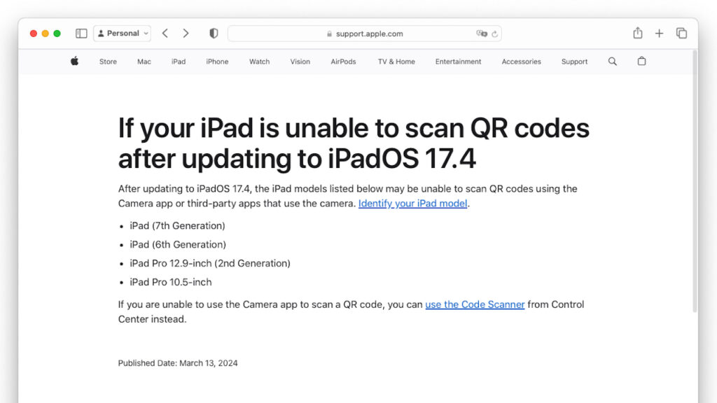 Apple、iPadOS 17.4にアップデートした一部のiPadでカメラやサードパーティ製アプリを利用したQRコードのスキャンができなくなっている場合があると発表。