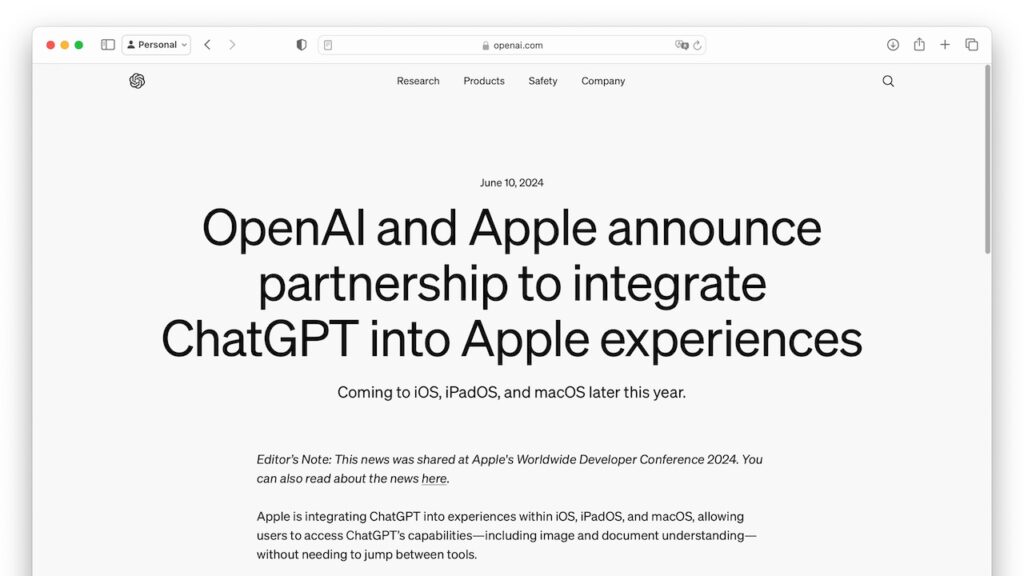 OpenAI、Appleとのパートナーシップを発表。2024年内にもGPT-4oモデルのChatGPTをiOSやiPadOS、macOSに無料で提供。