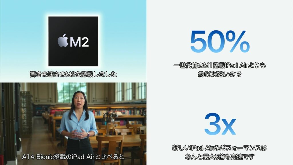 Apple、Apple M2チップ搭載のiPad Air (M2)の発表イベントで示した「A12 Bionicより3倍速い」というのは「A14 ...