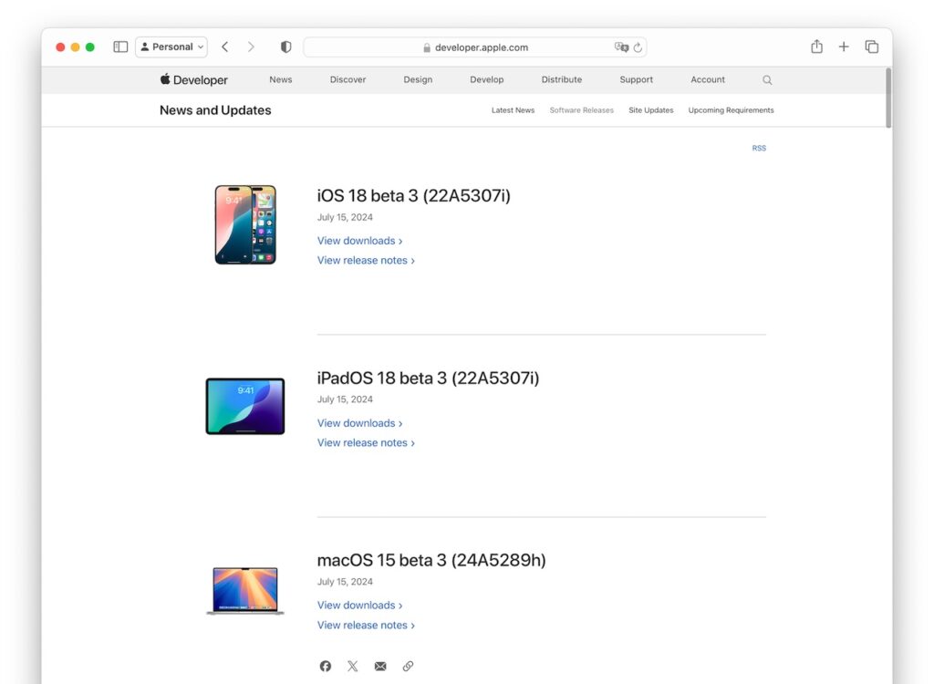 Apple、開発者向けに「macOS 15 Sequoia」や「iOS/iPadOS 18」の新しいBeta 3と、Beta Software ...