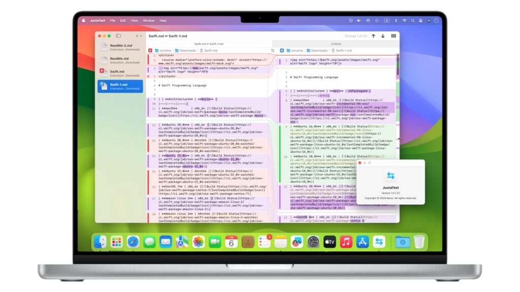 テキストやソースファイルの比較とマージ機能を備えた無料のMac用diffツール「JuxtaText」がリリース。