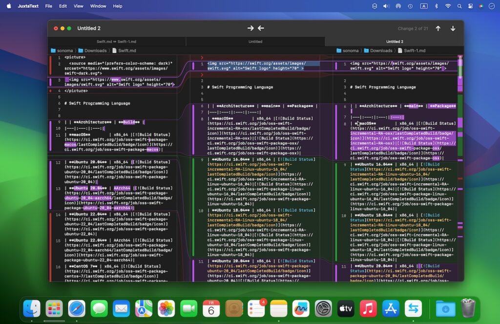 テキストやソースファイルの比較とマージ機能を備えた無料のMac用diffツール「JuxtaText」がリリース。