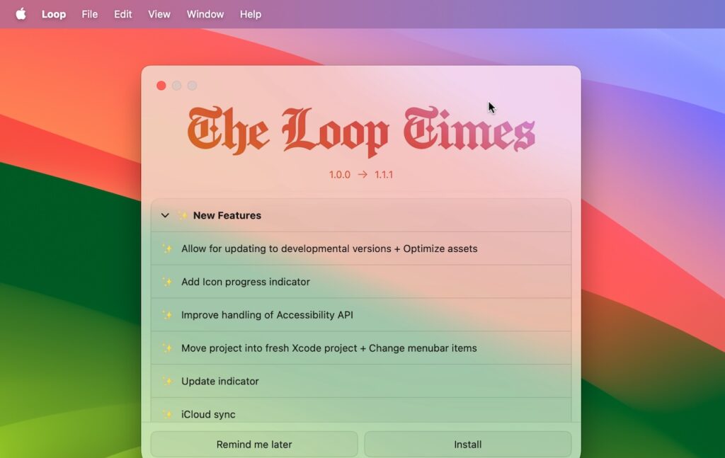 ラジアルメニューとマウス操作で素早くウィンドウの位置を決められるオープンソースのMac用ウィンドウマネージャー「Loop」が、iCloud同期やRectangleからの設定のインポートに対応。
