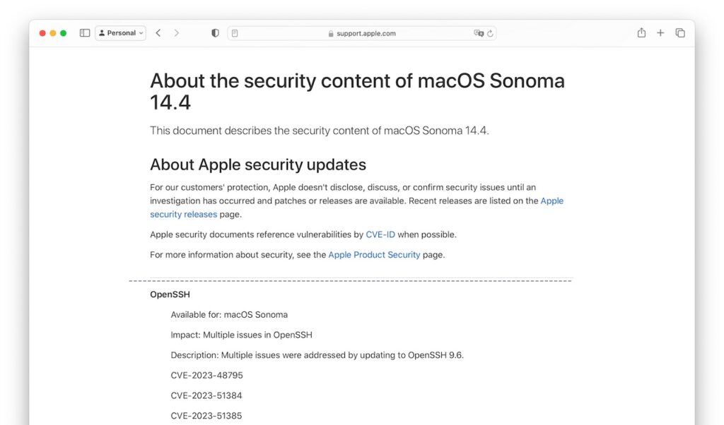 OpenSSHの脆弱性「regreSSHion (CVE-2024-6387)」に関し、Appleは現在のところmacOS/iOSでの影響を調査中。