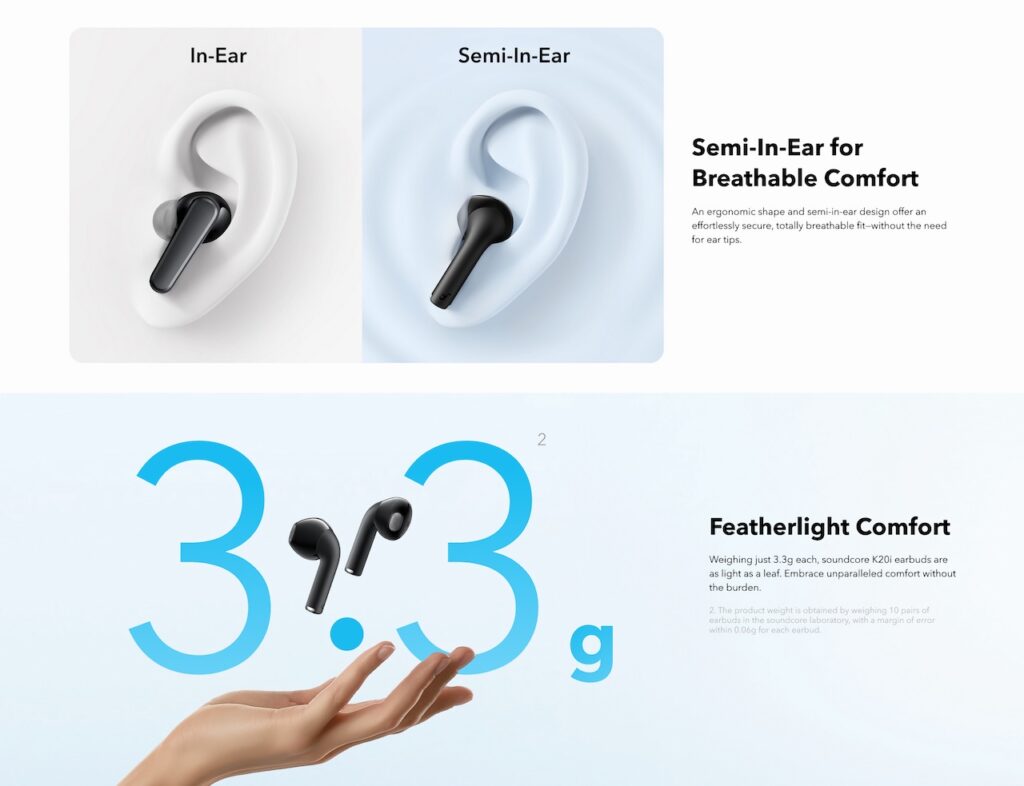 米Anker、EarPodsやAirPodsのようなイヤーチップのないセミインイヤー型の完全ワイヤレスイヤホン「Soundcore K20i」を発売。