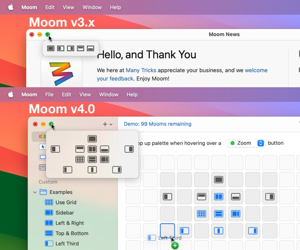 Many Tricks、約12年ぶりのメジャーアップデートとなるMac用ウィンドウマネージャ「Moom v4.0」をリリース。パレットのカスタマイズやHoverモード、レイアウトの保存機能などを実装。