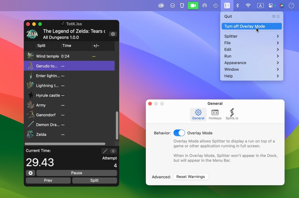 Mac用RTAタイマーアプリ「Splitter」のオーバーレイモードがアップデートされ、ゲームアプリをフルスクリーンにしても常に最前面に表示さ ...