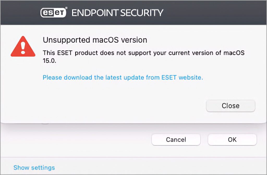 ESET、ESETのセキュリティアプリを最新のバージョンにアップデートせずにmacOS 15 Sequoiaへアップグレードすると、ネットワーク接続ができなくなる不具合があるとしてサポート ...