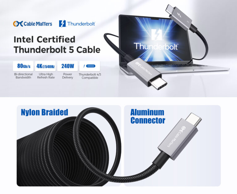 米Cable Matters、Intel Thunderbolt認証を取得しアルミニウムコネクターと編み込みケーブルを採用した「Premium ...