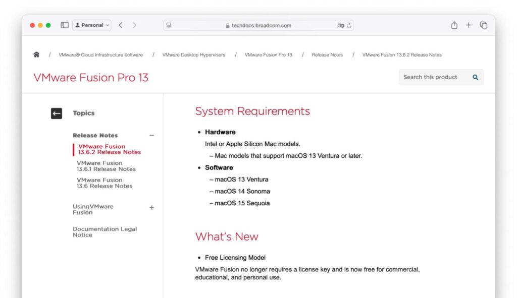 Broadcom、教育用や個人用、商用でもライセンスキーを必要とせず無償利用が可能なフリーライセンスモデルとなった「VMware Fusion ...