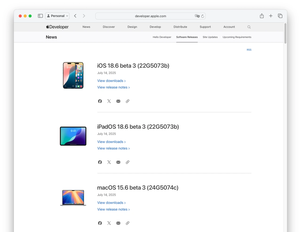 Apple、開発者向けに「macOS 15.6 Sequoia」や「iOS/iPadOS 18.6」、「visionOS 2.6」のBeta 3を公開。 | AAPL Ch.