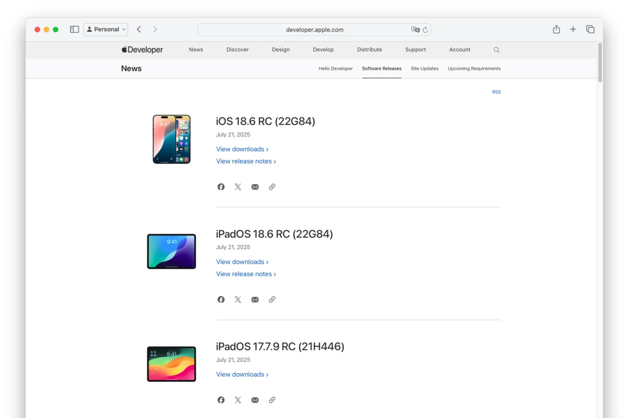 Apple、開発者向けに「macOS 15.6 Sequoia」や「iOS/iPadOS 18.6」、「visionOS 2.6」のRC版を公開。 | AAPL Ch.