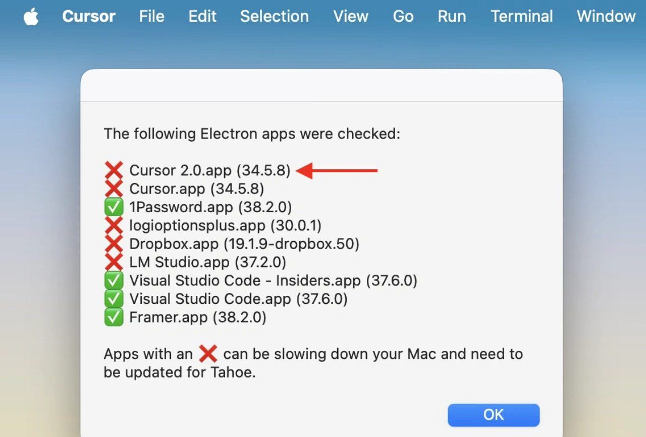 Cursorでは、macOS 26 TahoeのMacでGPU使用率を上昇させシステムの遅延を引き起こすElectronの不具合が独自パッチで修正されたもよう。 | AAPL Ch.